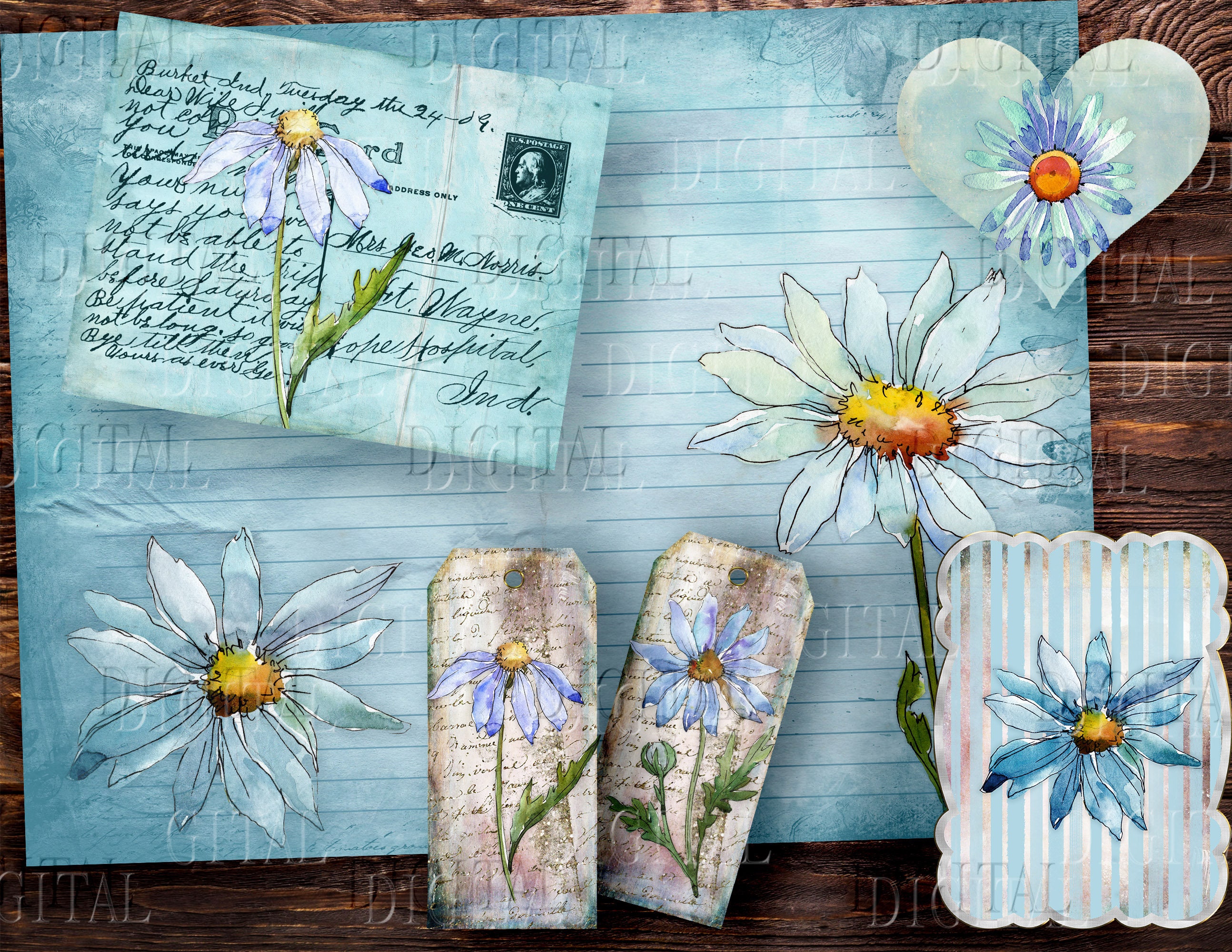 Blue Daisy Vintage Ephemera: Printable Junk Journal Pages (PDF) - Etsy
