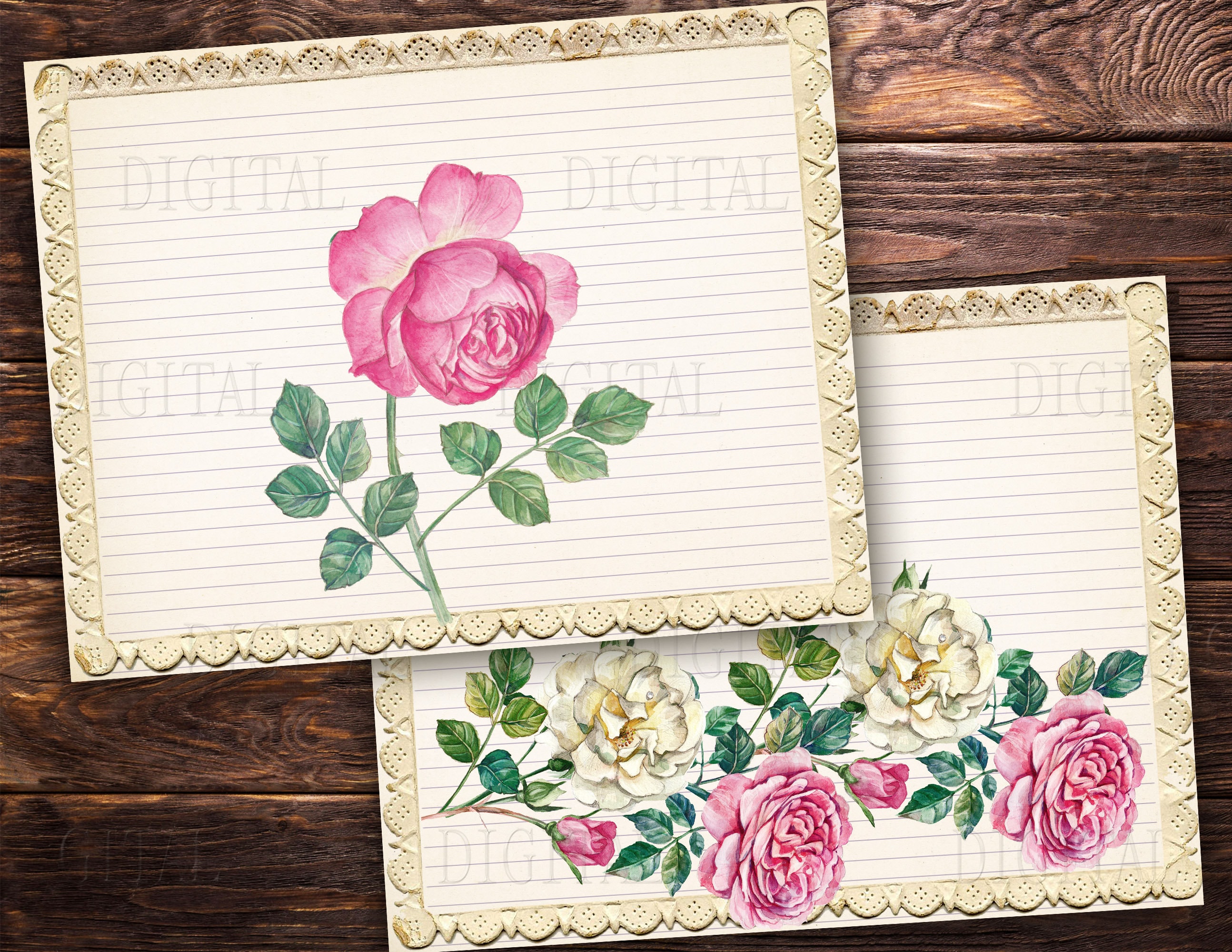 French Pink Roses Printable Lined Paper Download 11 Vintage - Etsy
