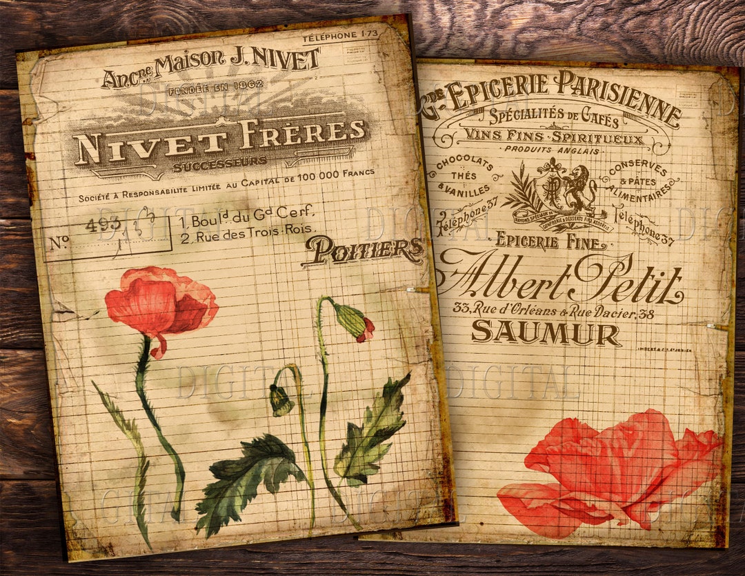 Poppy Flower Printable Ledger Pages, 8 Poppy Flowers Art Spring Collage ...