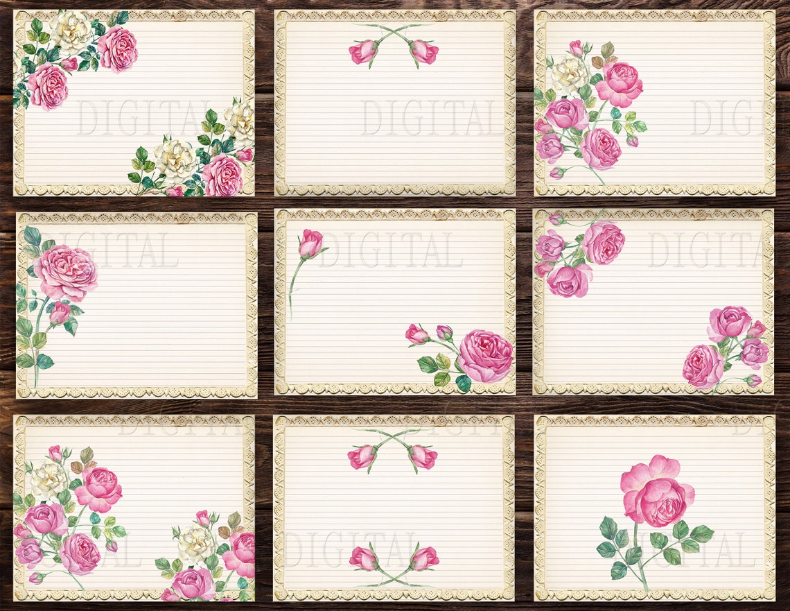 French Pink Roses Printable Lined Paper Download, 11 Vintage Roses ...