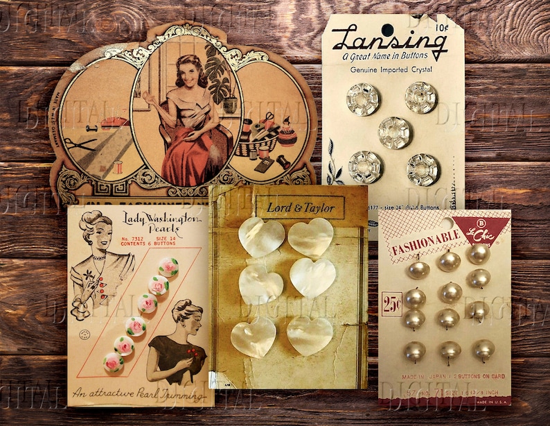 Vintage Button Printable Cards, Digital Buttons Collage, PDF, Set 3 - Etsy