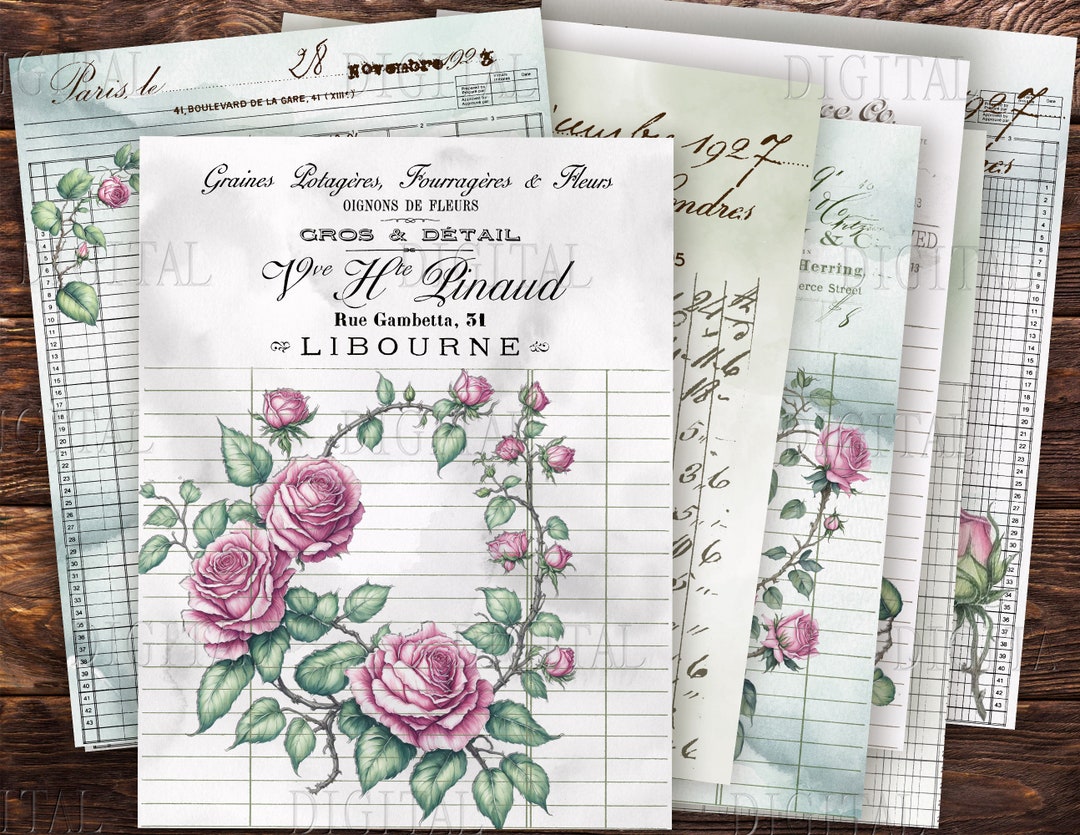 French Roses Printable Ledger Paper, 8 Junk Journal Pages & Ledger ...