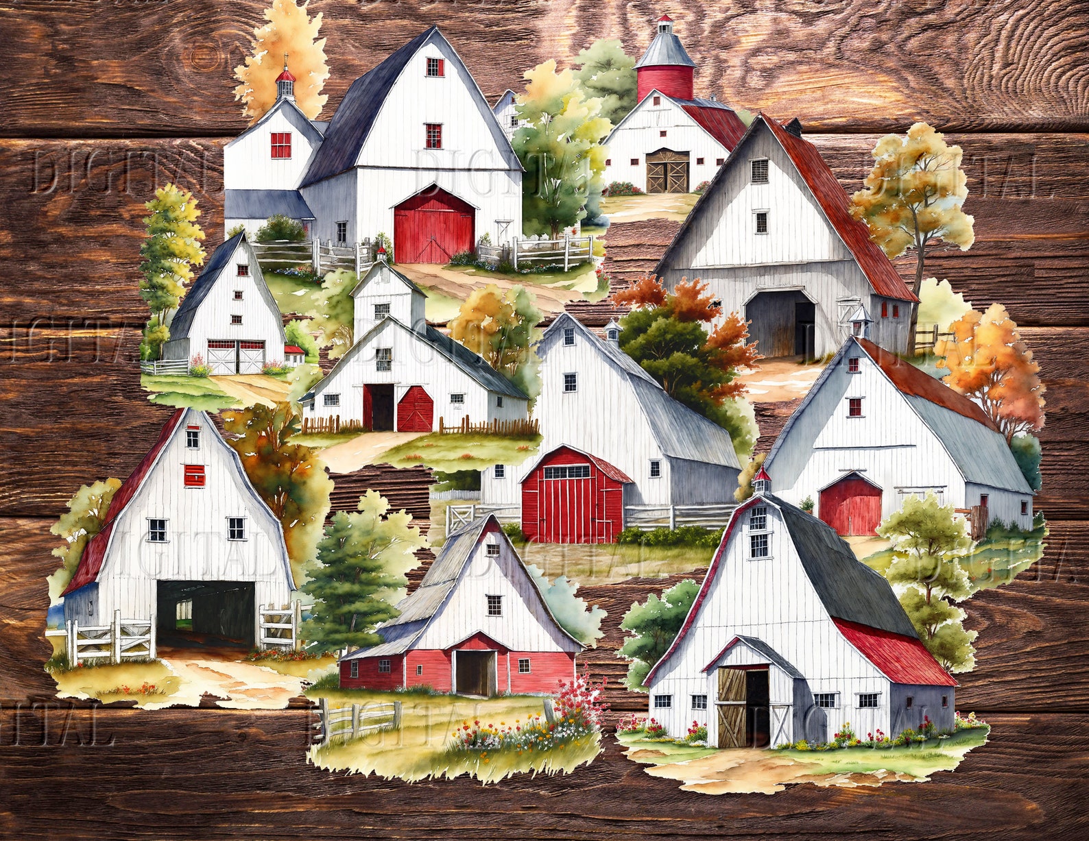 White Rustic Farm Barn, Countryside Design, Farm Watercolor, 12 PNG ...