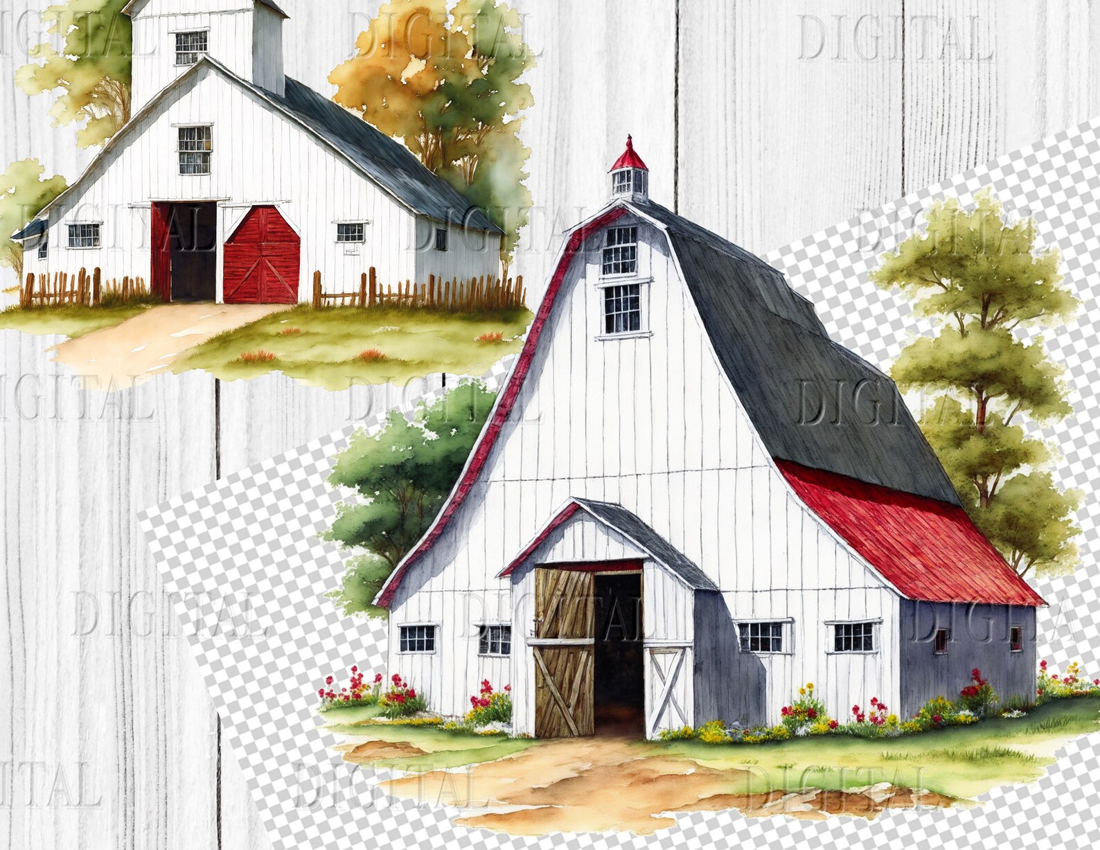 White Rustic Farm Barn, Countryside Design, Farm Watercolor, 12 PNG ...
