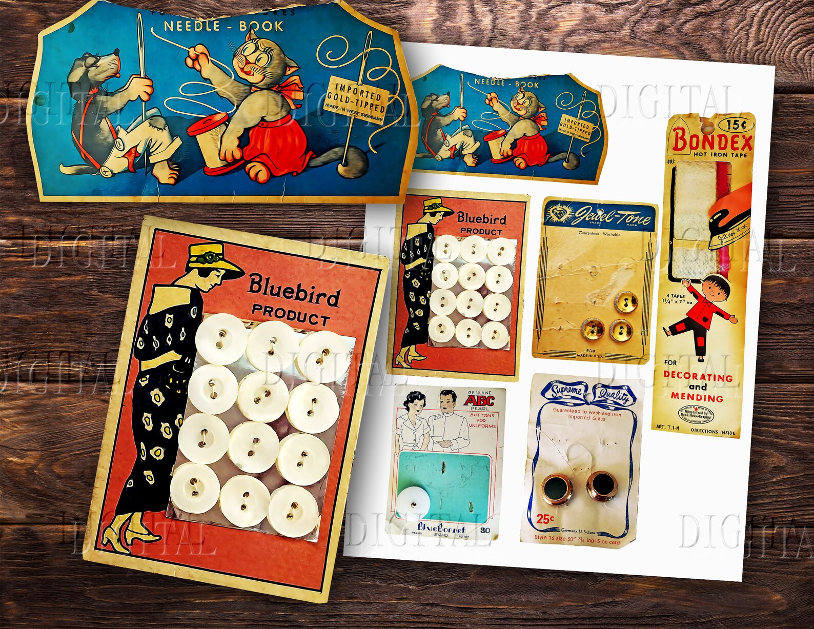 Sewing Ephemera Pack, 23 Vintage Buttons Printable Cards, Digital Craft ...
