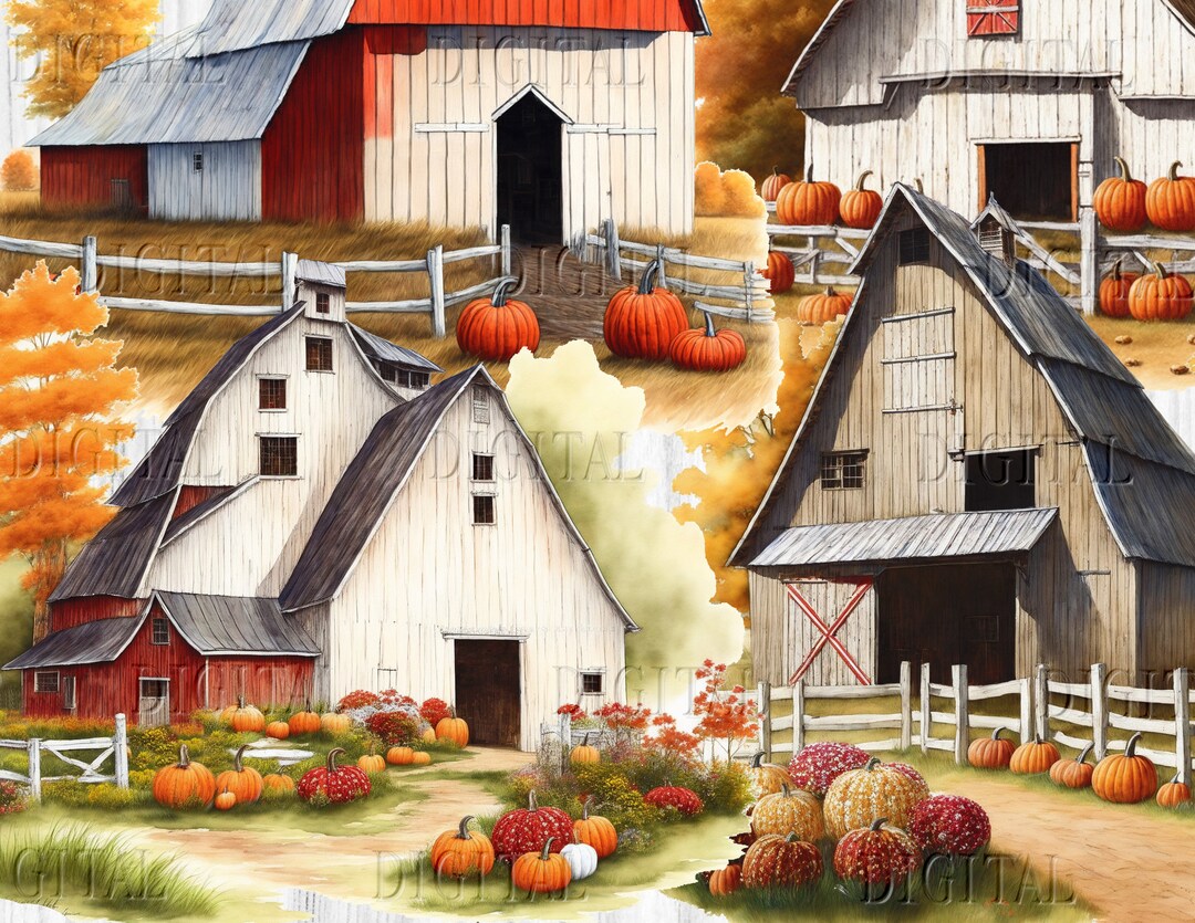 Pumpkin Farm Barn, Watercolor Farmhouse Clipart, PNG - Etsy