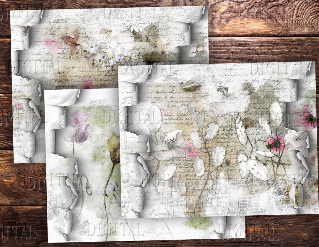 Ripped Digital Journal Paper, 10 Torn Backgrounds, Printable Flowers ...