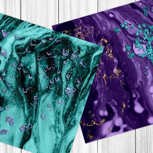 Sparkling Turquoise Purple Gold Digital Paper, Marble Textures, Glitter ...