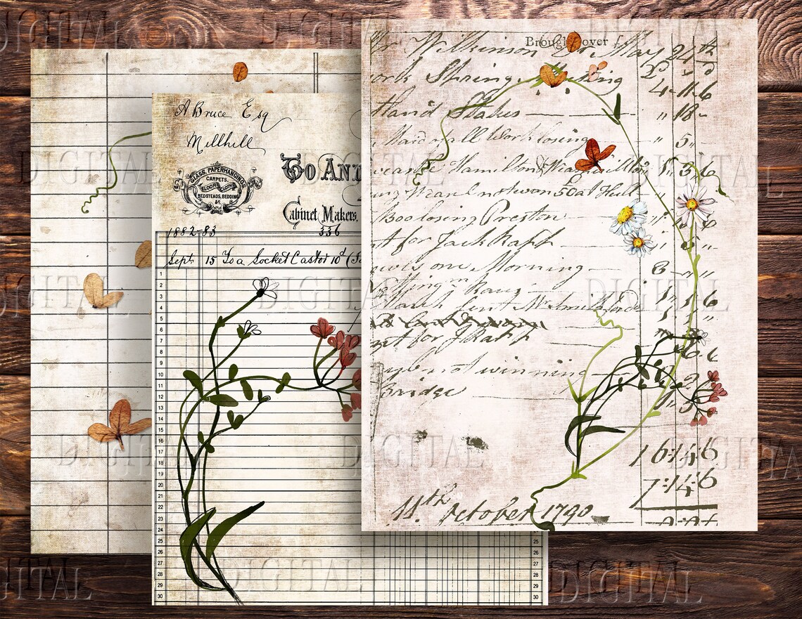 Field Flowers Printable Ledger Paper, 6 Junk Journal Pages & Ledger ...