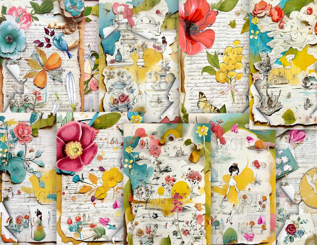 Bright Colorful Floral Pages, 12 Half Pages, Printable Collage Sheets ...