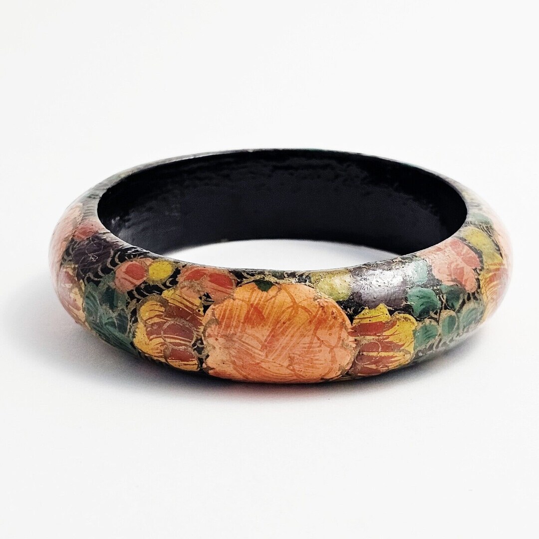 Vintage 1990s Painted Paper Mache Floral Wooden Bangle Wooden Bracelet ...