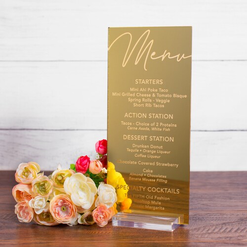 Gold Engraved Mirror Acrylic Menu Wedding Menus DL Standing - Etsy