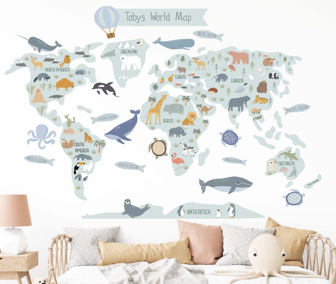 World Map Wall Decal Map Wall Sticker Nursery Map Kids Room - Etsy