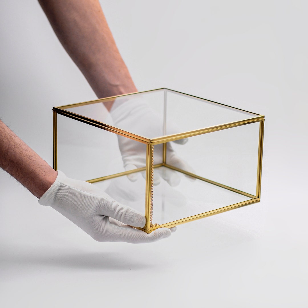 9x9x5 Display Case Glass Photo Box Brass Gold Card Customizable ...