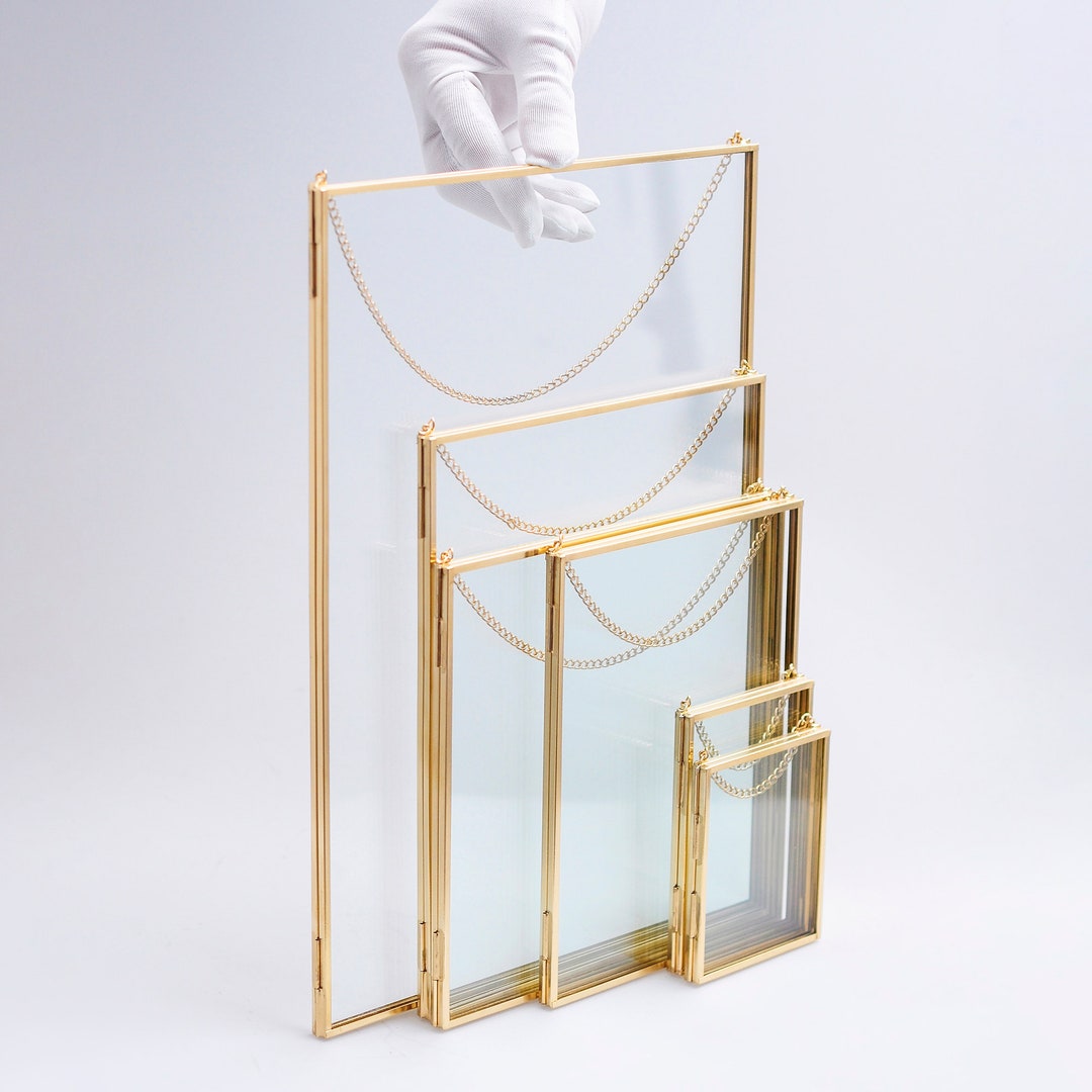 6 Pc Floating Glass Frame Brass Gold Wall Hanging Photo Picture Double ...
