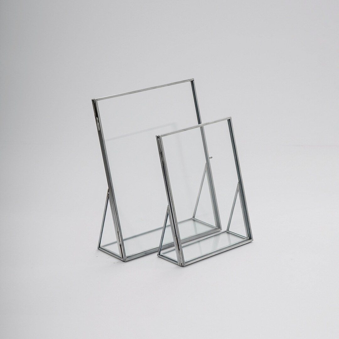 2 Pc Floating Glass Frame Silver Desktop Photo Picture Double Tabletop ...