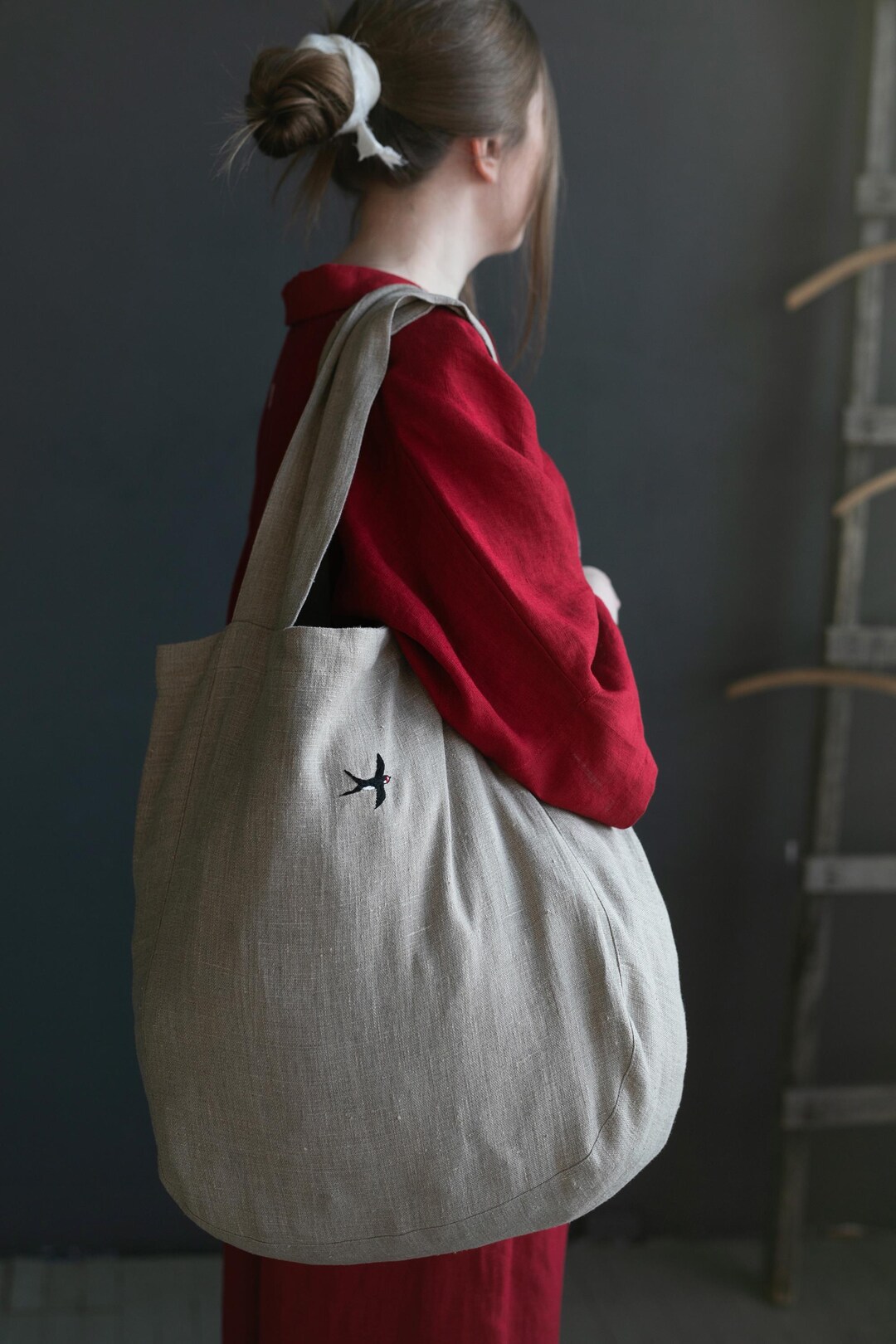 Large Round Linen Bag, Organic Grocery Bag, Natural Handbag, Reusable ...