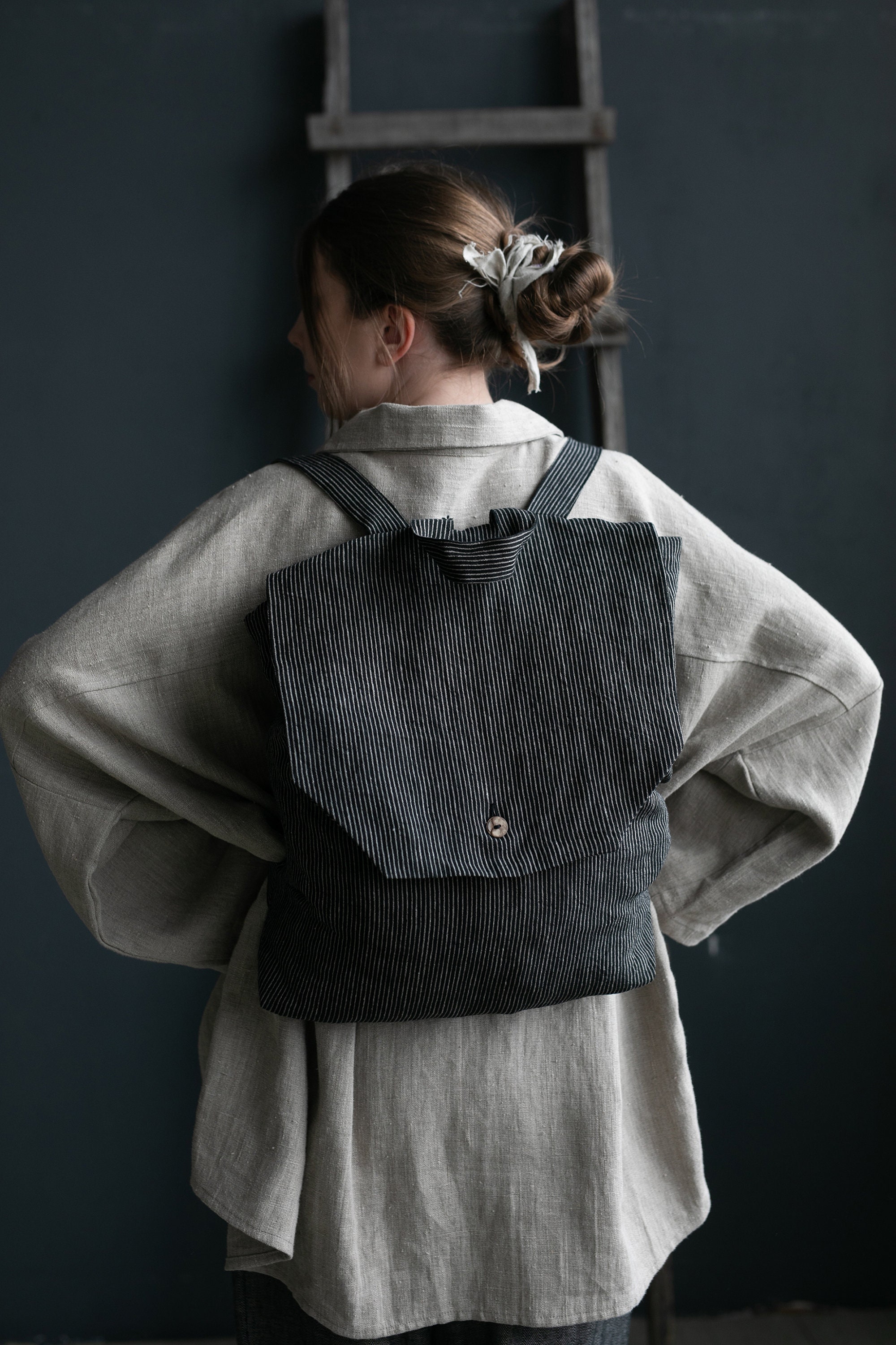 Linen Backpack, Black White Stripes, Midnight, Gift for Women ...
