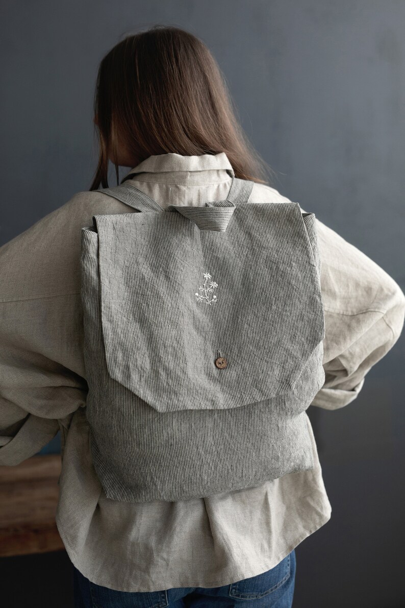 Linen Backpack, Black White Stripes, Gift for Women, Monogram ...