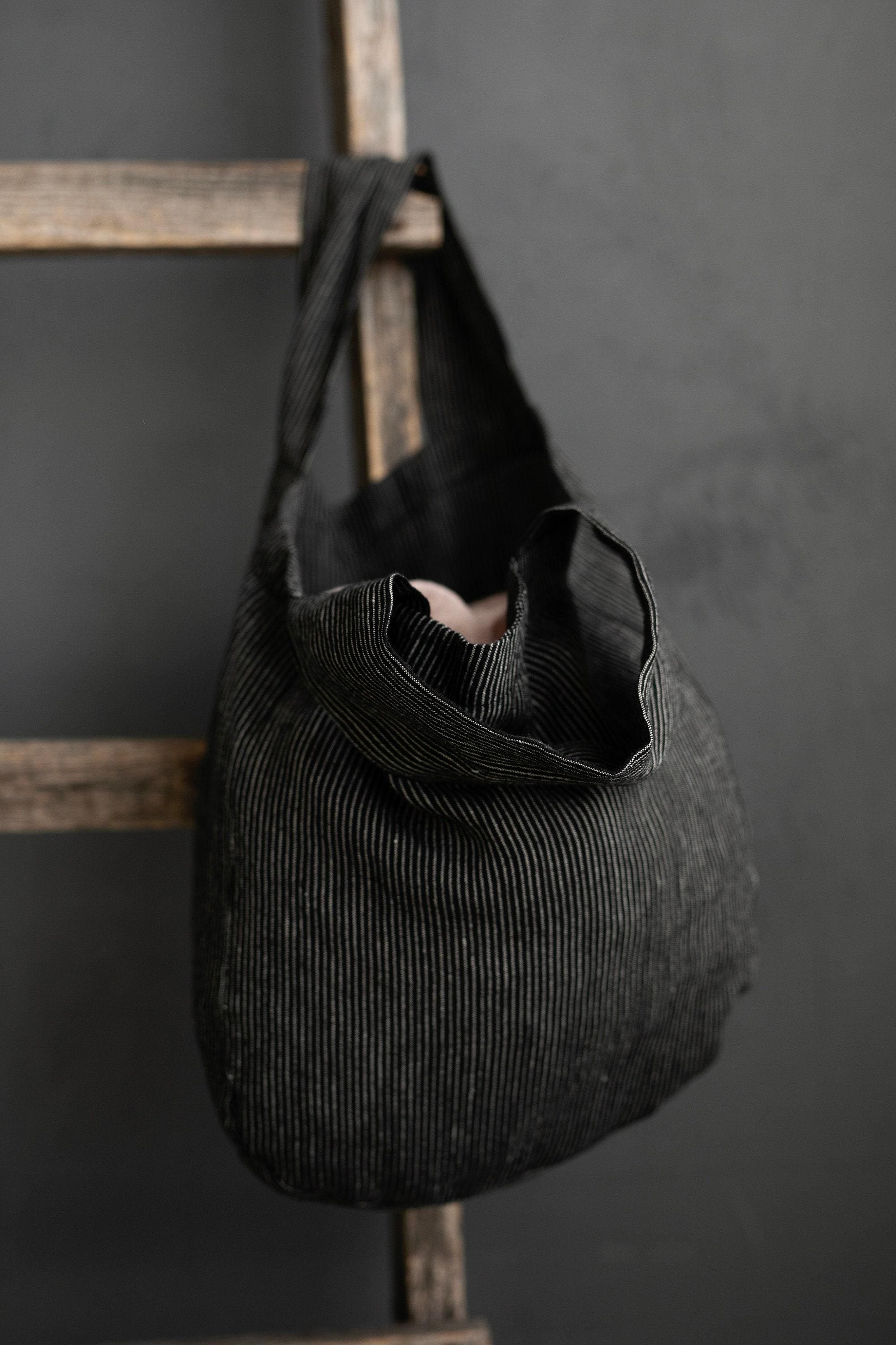 Small Round Linen Bag, Midnight Stripes, Grocery Bag, Linen Handbag ...