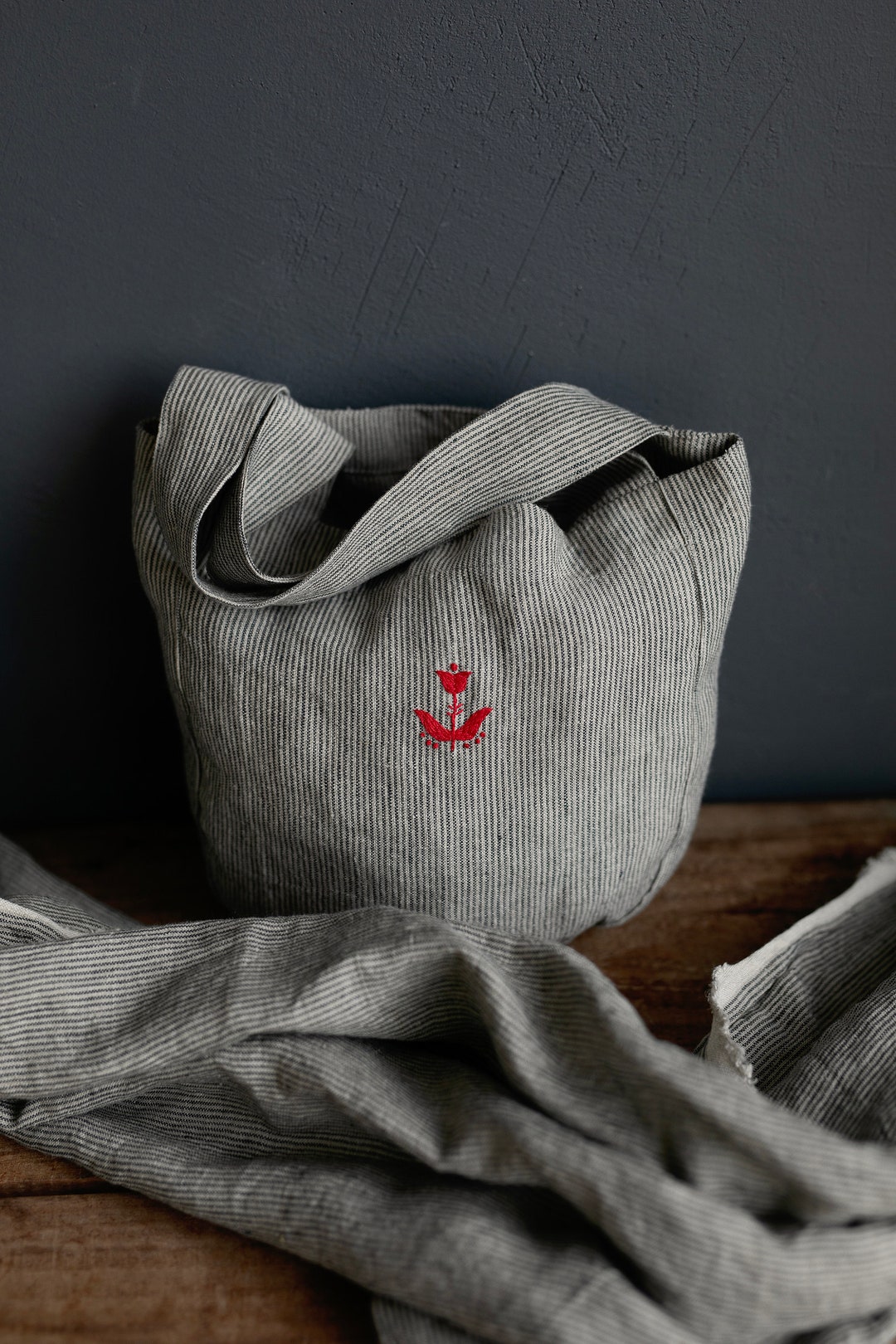 Black and White Striped Linen Bag, Mini Round Bag, Red Tulip Embroidery ...