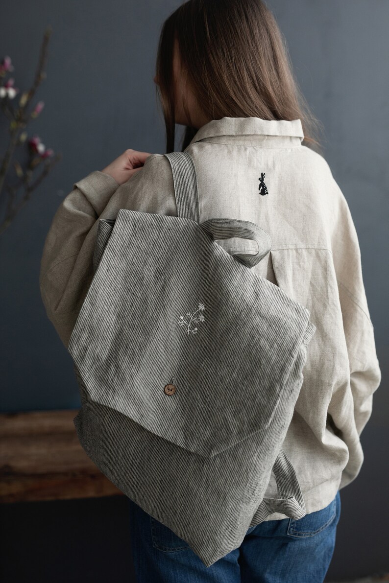 Linen Backpack, Black White Stripes, Gift for Women, Monogram ...