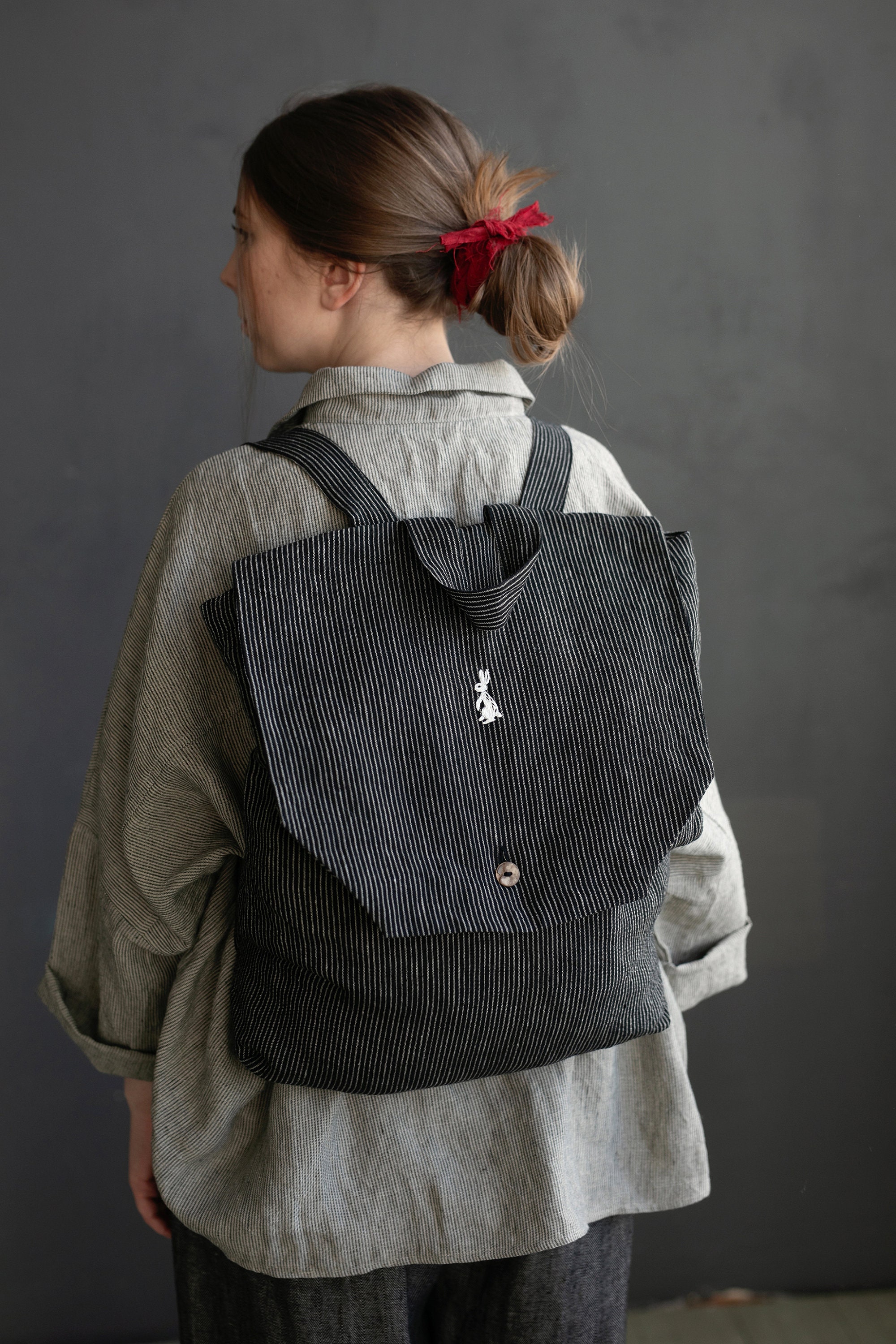 Linen Backpack, Black White Stripes, Midnight, Gift for Women ...