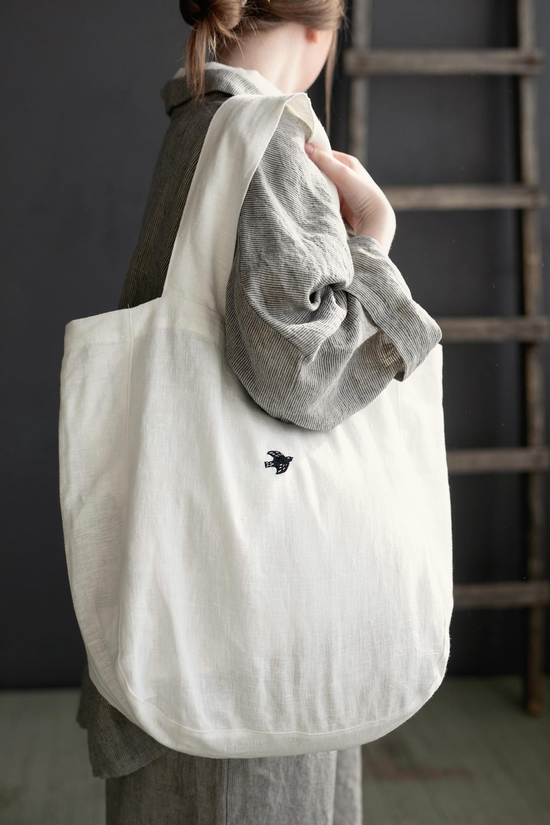 Large Round Linen Bag, White Grocery Handbag, Reusable Tote, Shoulder ...