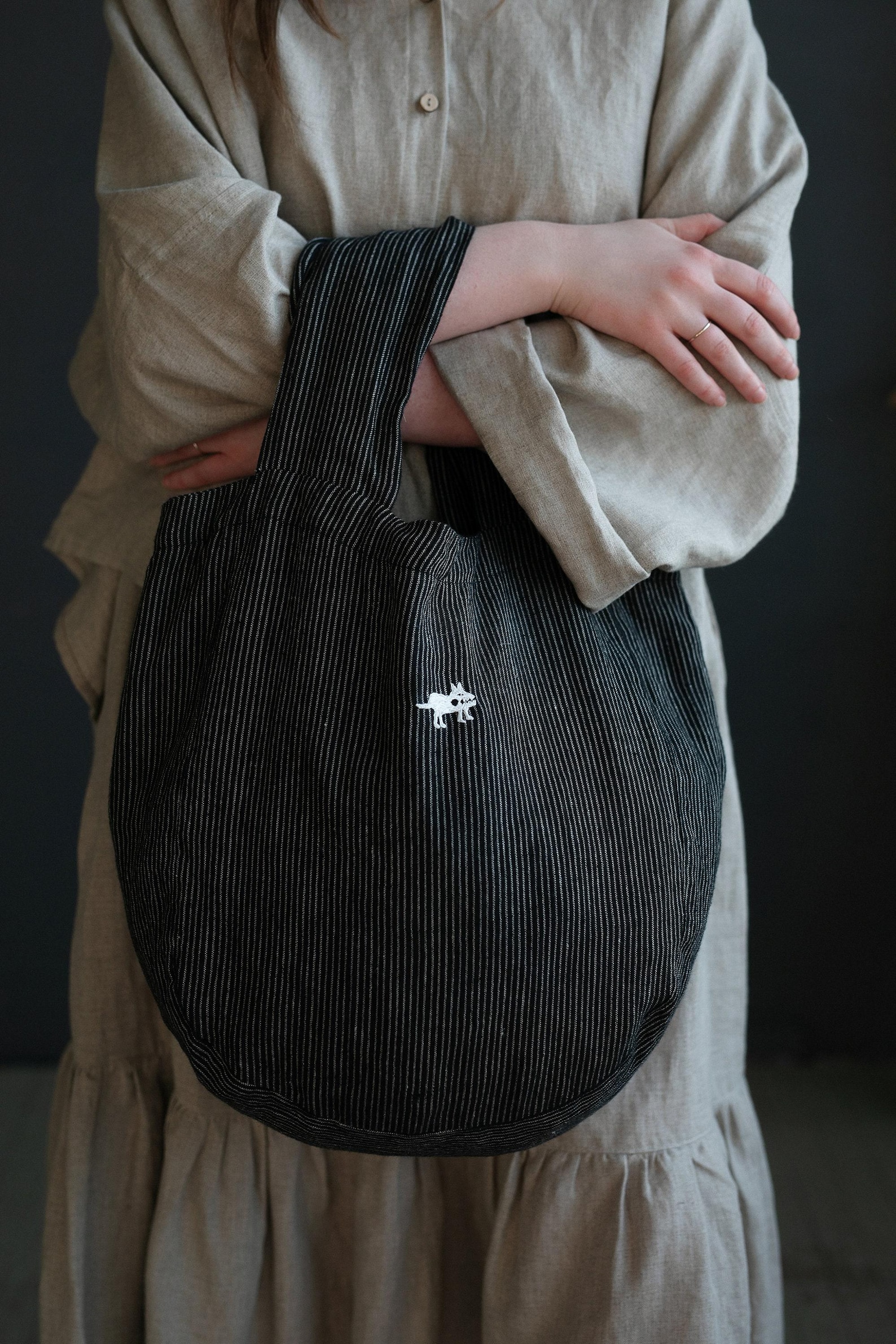 Small Round Linen Bag, Midnight Stripes, Grocery Bag, Linen Handbag ...