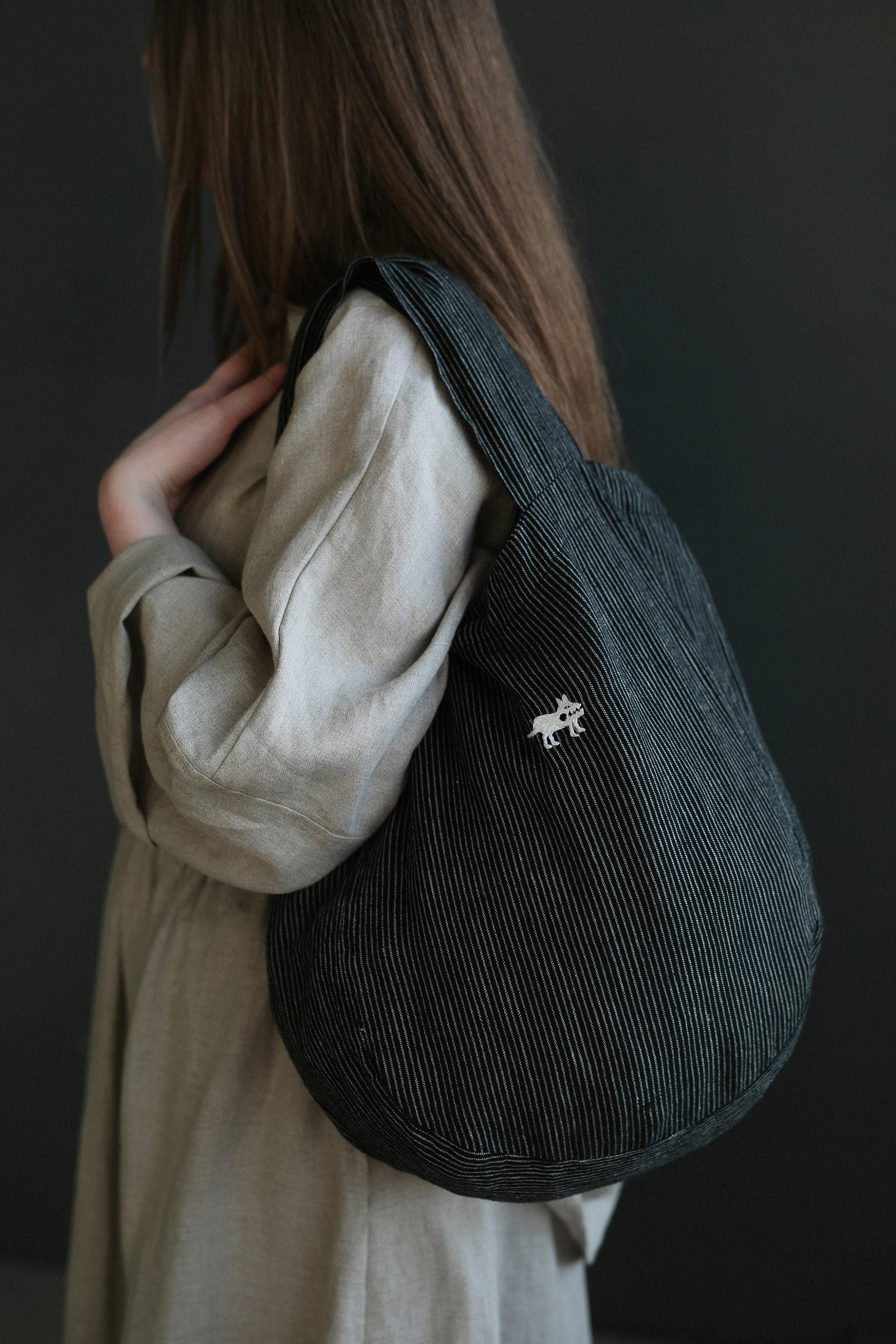 Small Round Linen Bag, Midnight Stripes, Grocery Bag, Linen Handbag ...