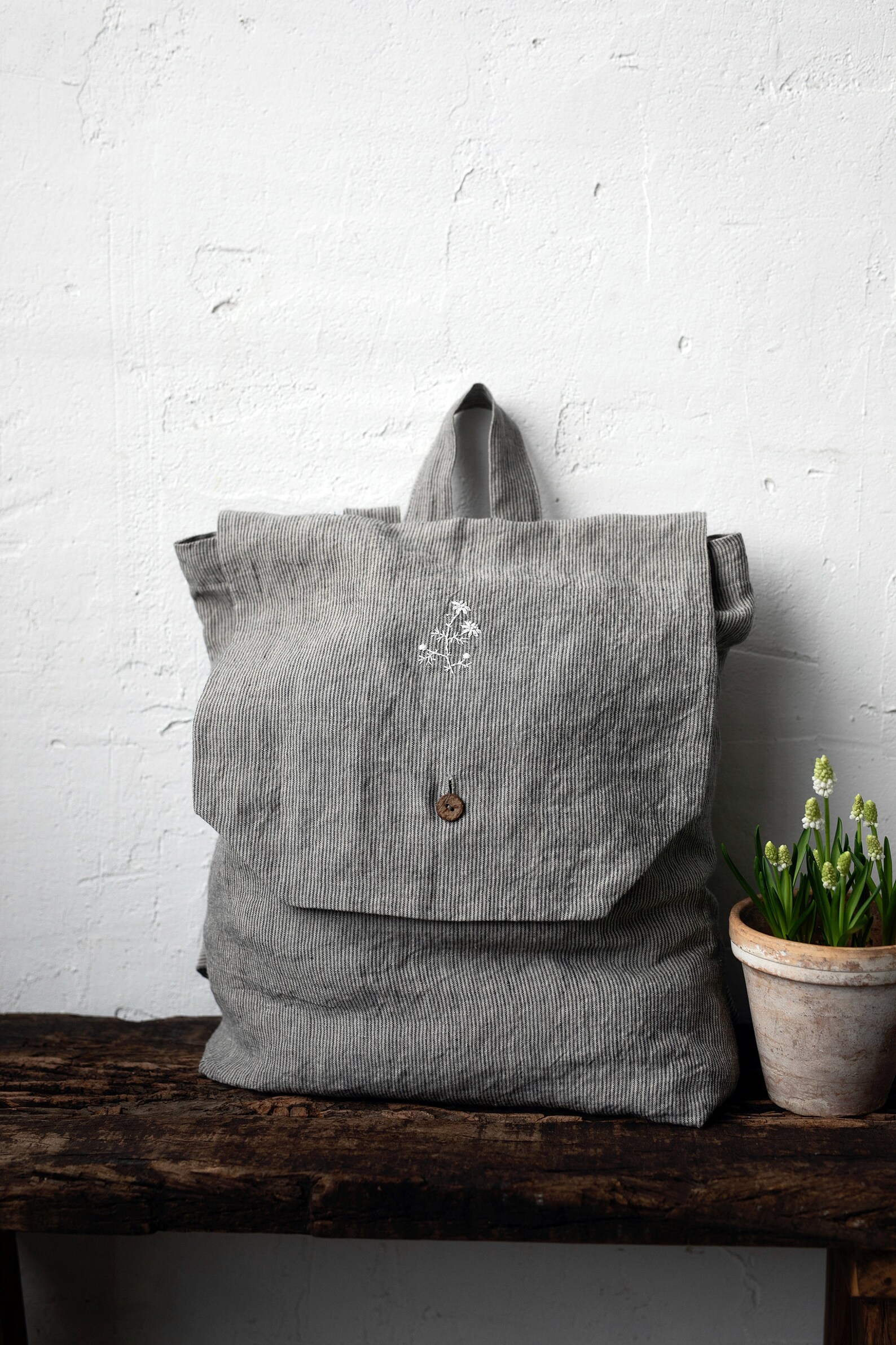 Linen Backpack, Black White Stripes, Gift for Women, Monogram ...