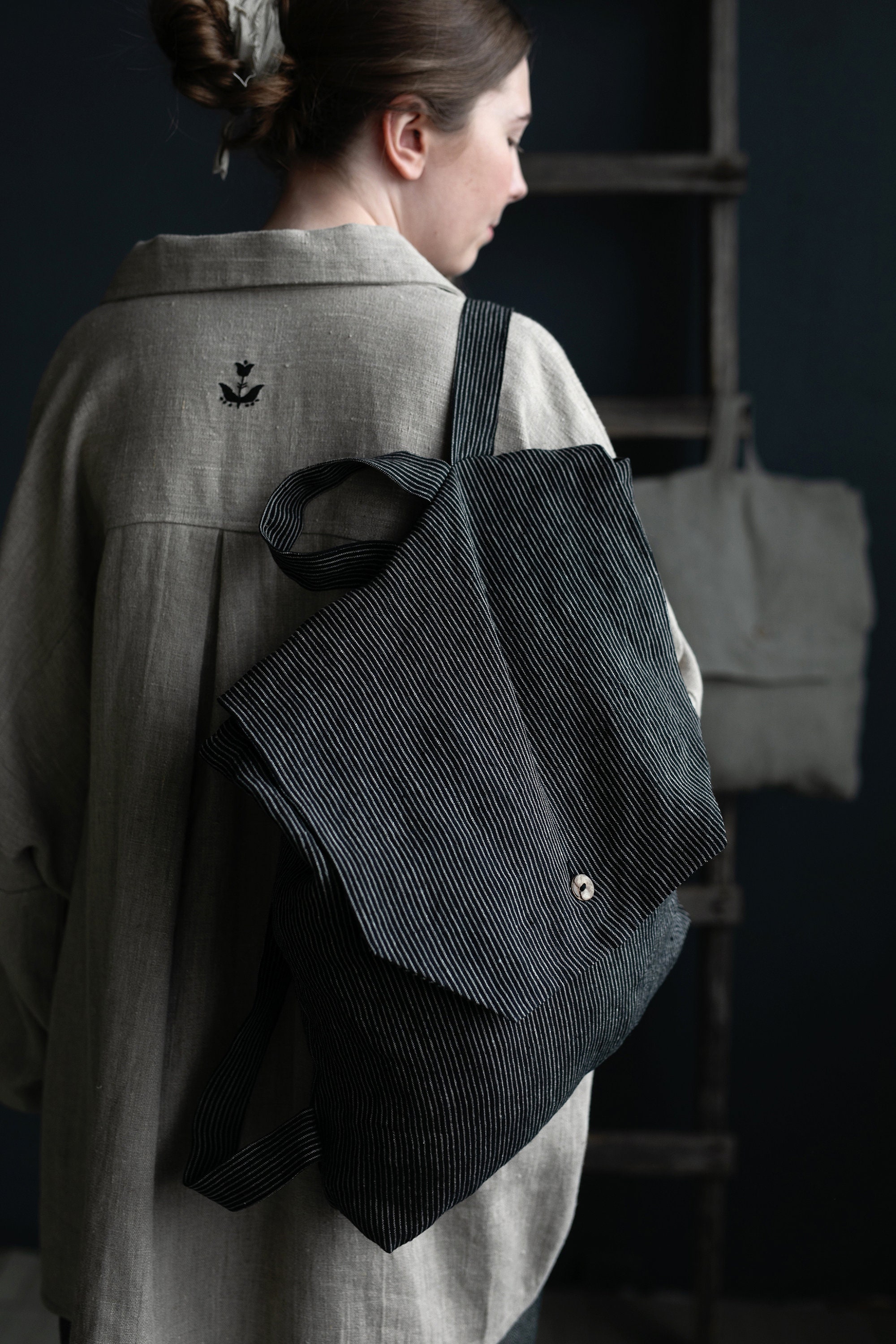 Linen Backpack, Black White Stripes, Midnight, Gift for Women ...