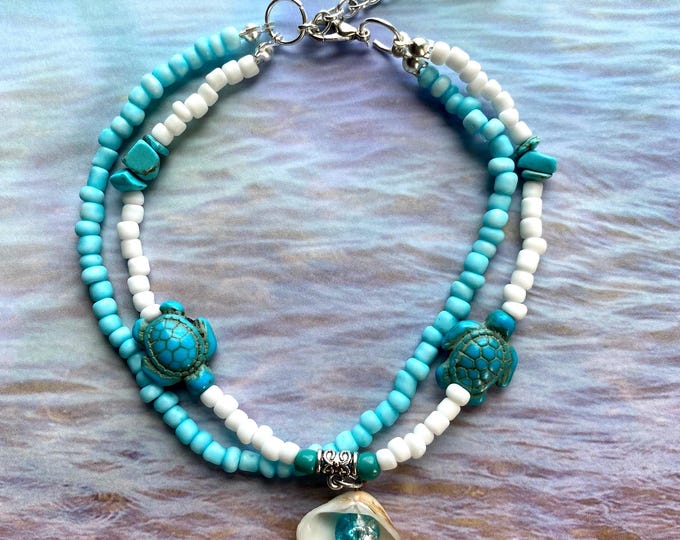 Anklet Sea Turtle, Genuine Heishi Shells. Beach-bright White Heishi ...