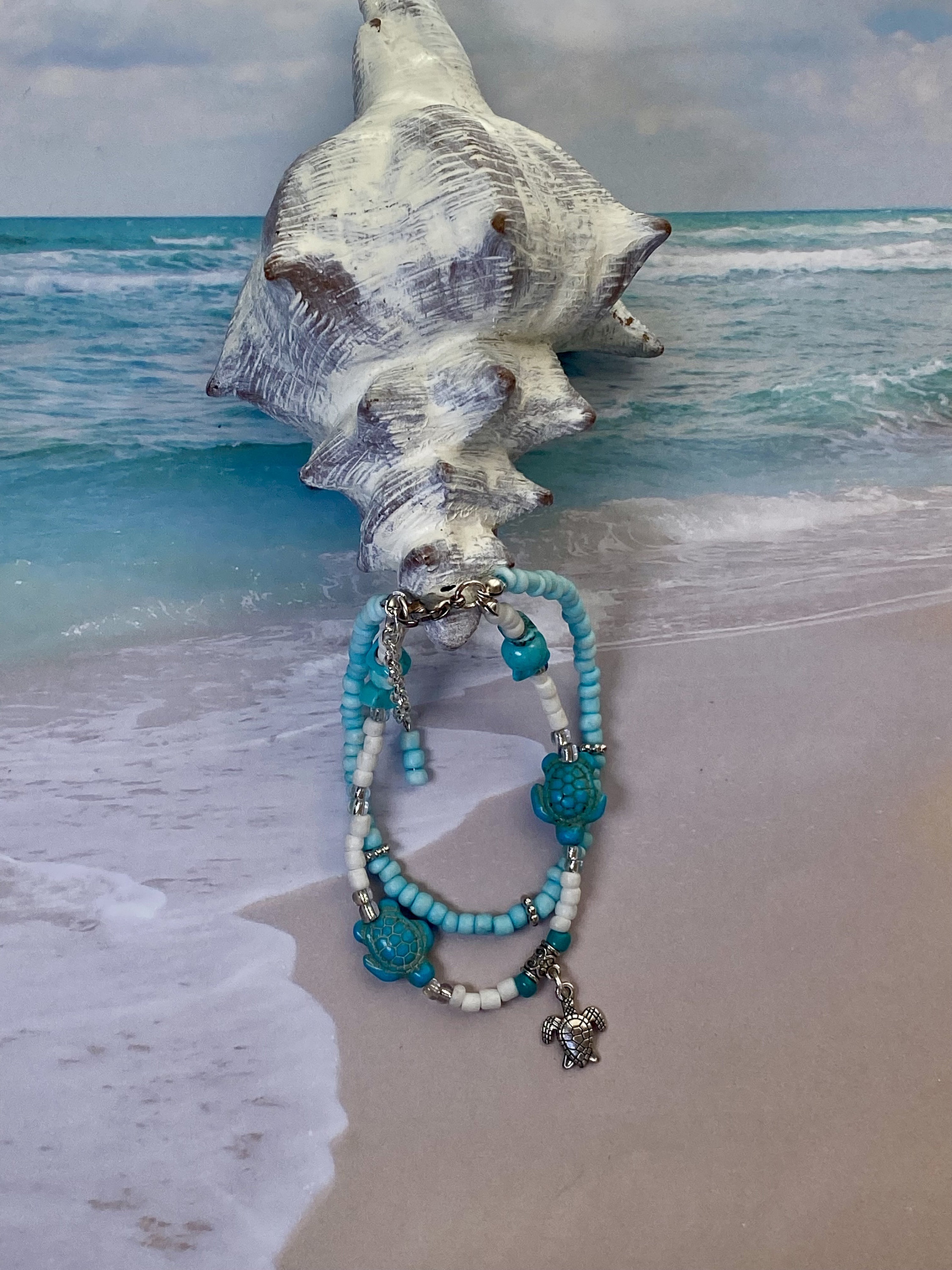 Turquoise Turtle Ankle Bracelet Triple Strand Anklet Three Strand ...