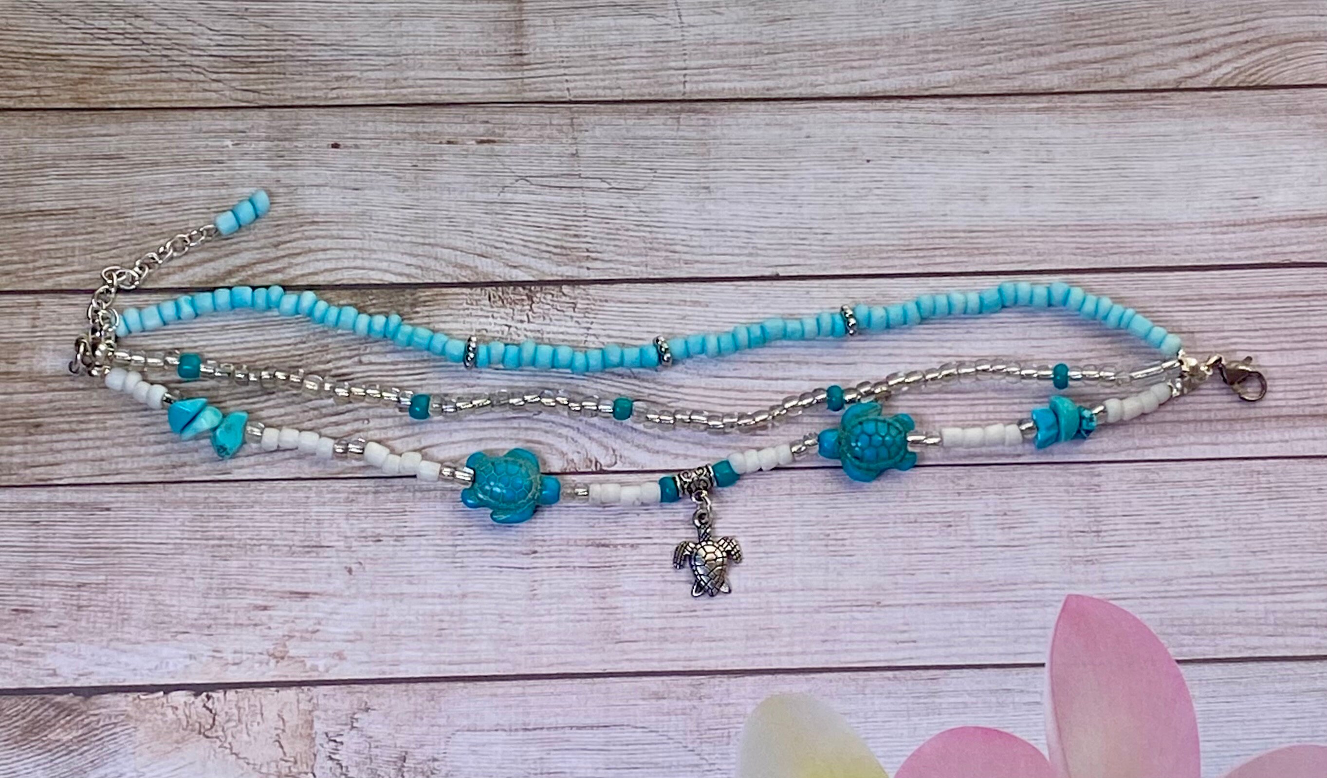 Turquoise Turtle Ankle Bracelet Triple Strand Anklet Three Strand ...