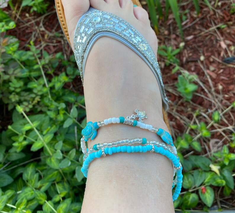 Turquoise Turtle Ankle Bracelet Triple Strand Anklet Three Strand ...