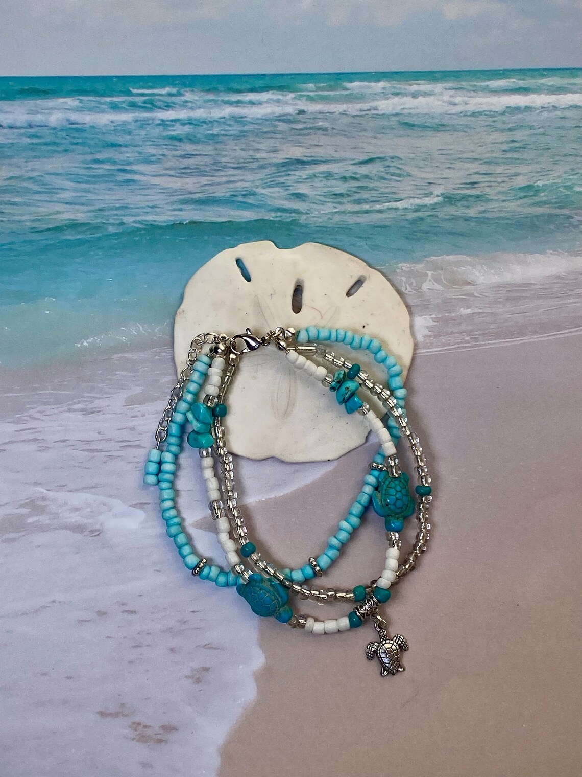 Turquoise Turtle Ankle Bracelet Triple Strand Anklet Three Strand ...