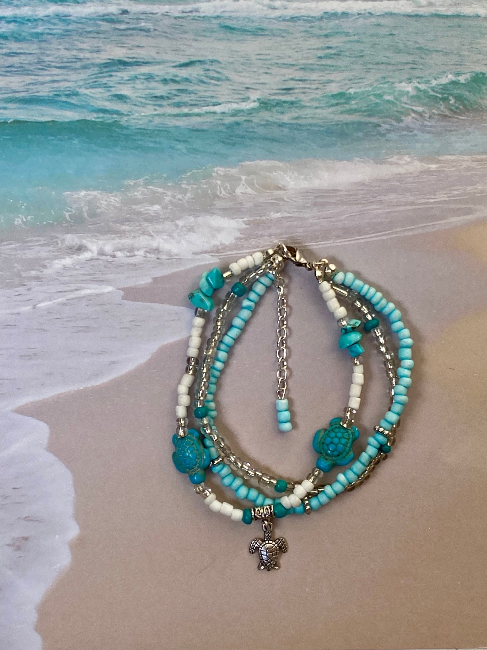 Turquoise Turtle Ankle Bracelet Triple Strand Anklet Three Strand ...