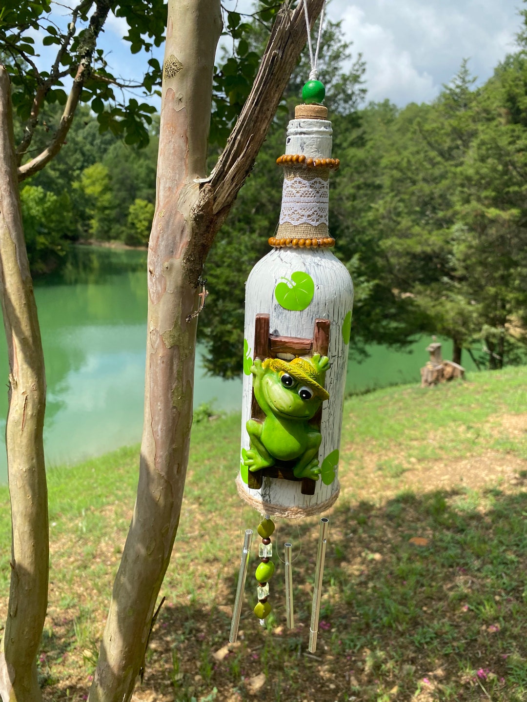 Country Frog With Lily Pads Whimsical Wine Bottle Wind Chime, Decorated ...