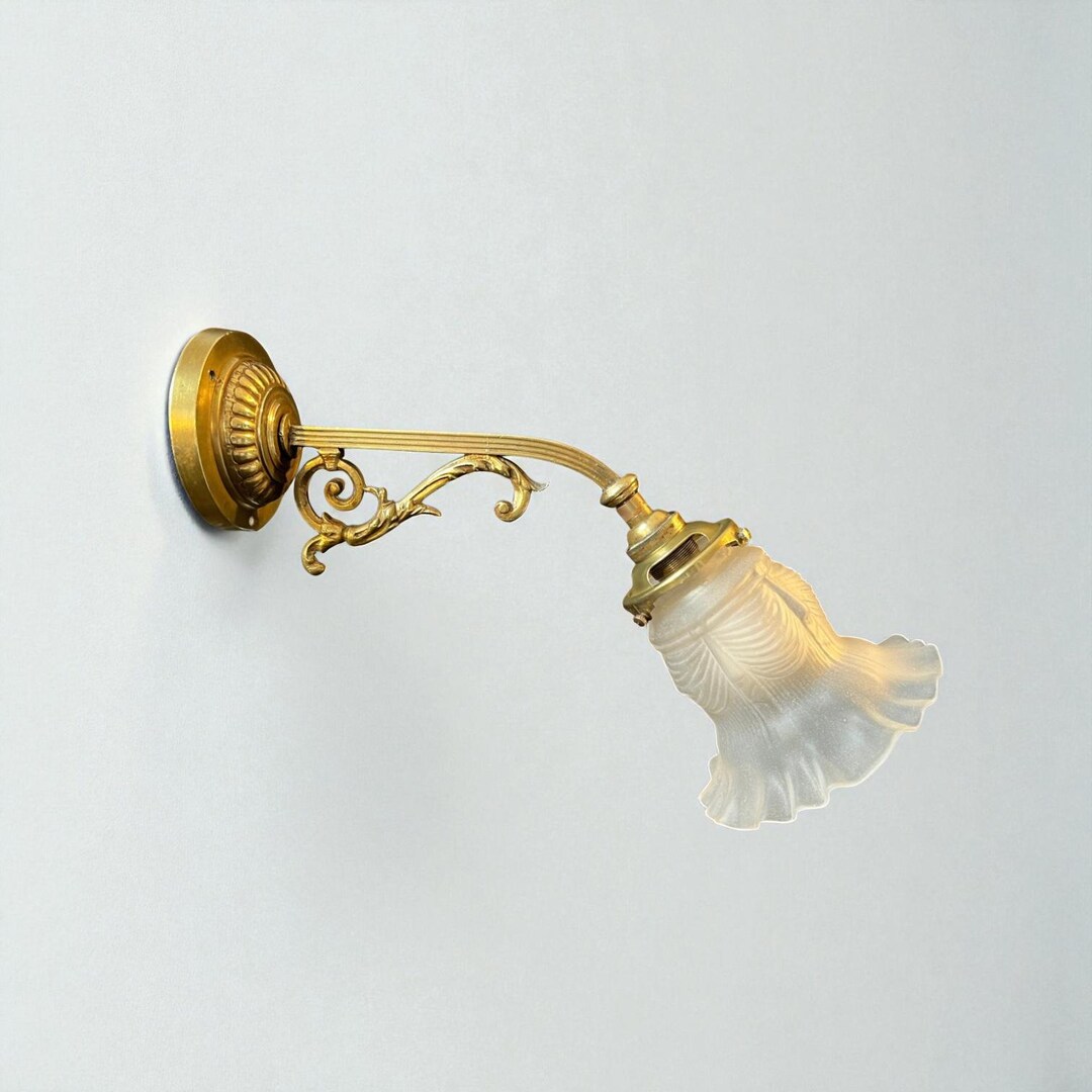 Vintage French Swan Neck Wall Lamp in Arabesque Bronze Brass and Tulip ...