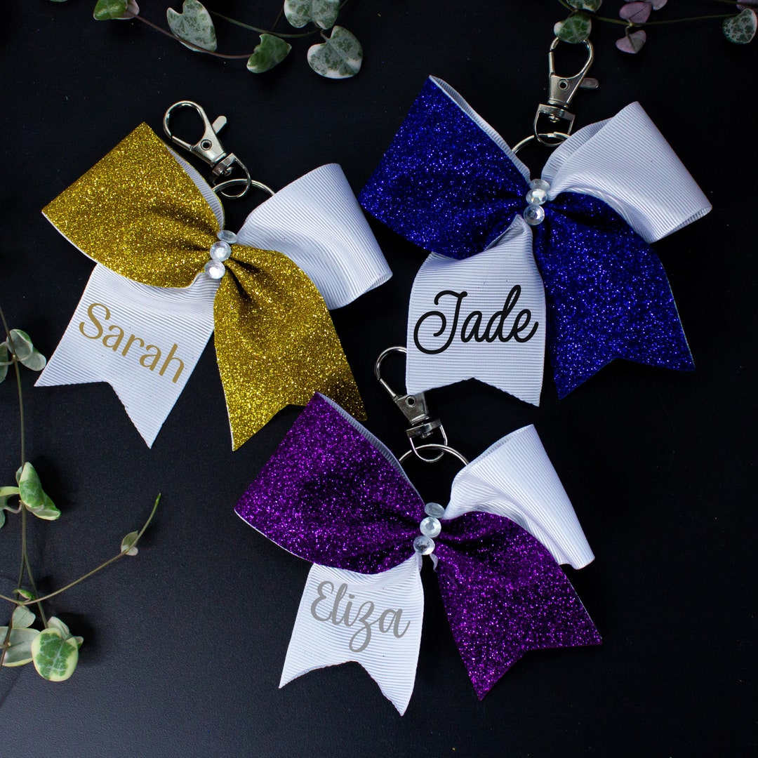 WHITE CHEERBOW KEYCHAIN Cute Glitter Cheerleading Keyring Personalised ...