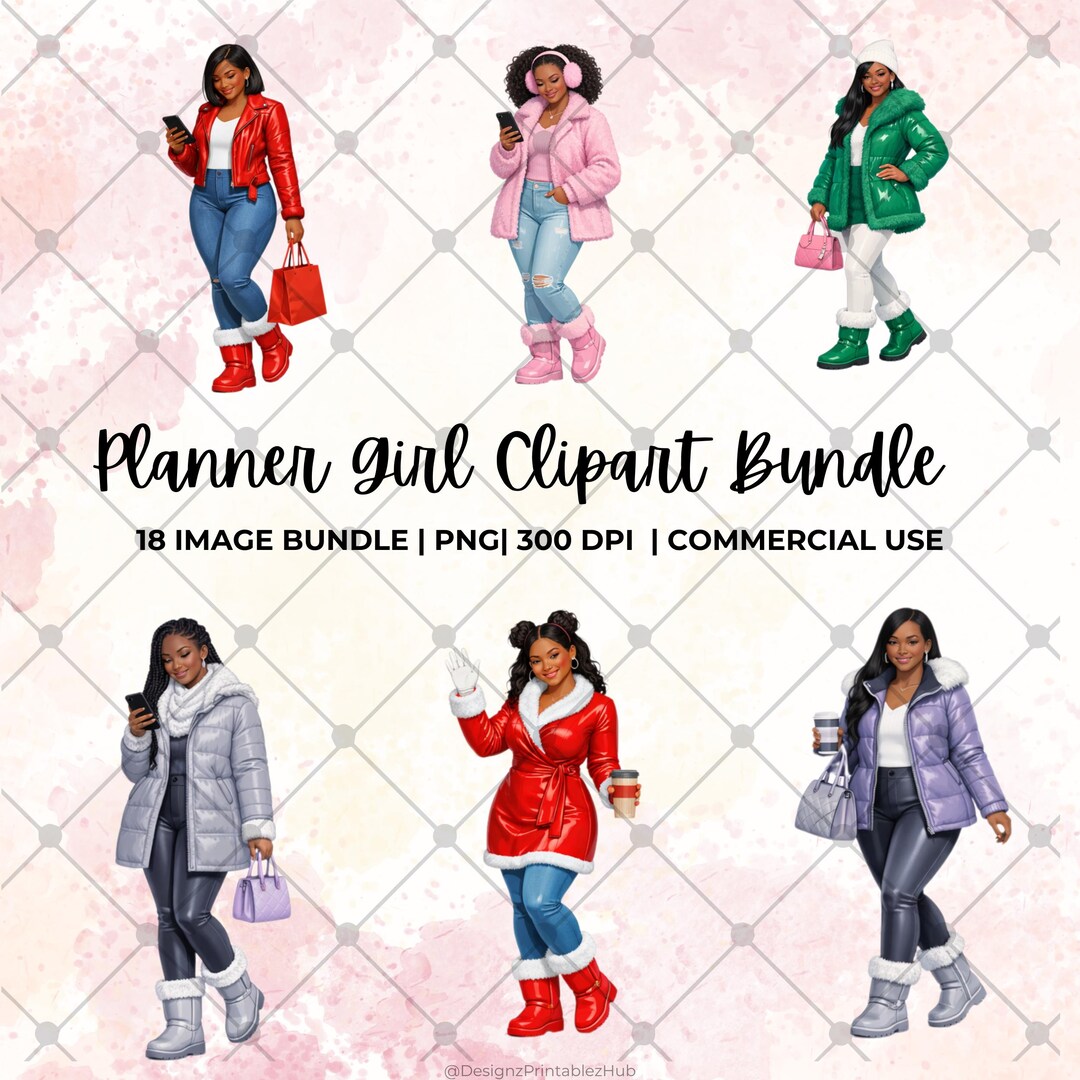 Winter Planner Girl Clipart | Curvy Black Women Fashion (digital ...