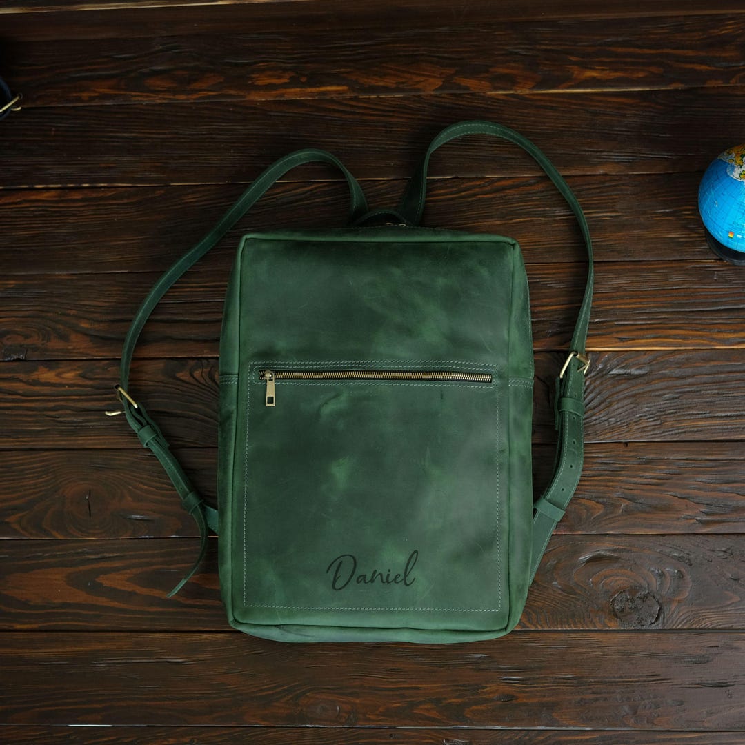 Forest Green Laptop Backpack, Genuine Leather Work Backpack Man, Slim ...