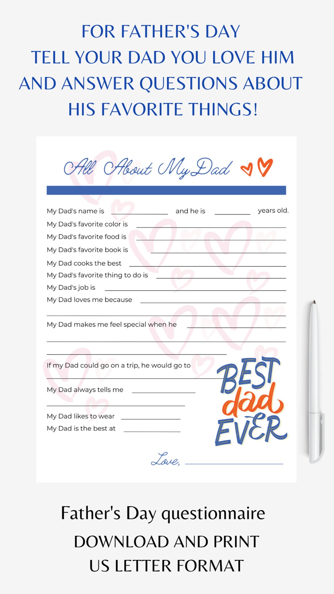 Printable Father's Day Letter "all About My Dad" - Etsy