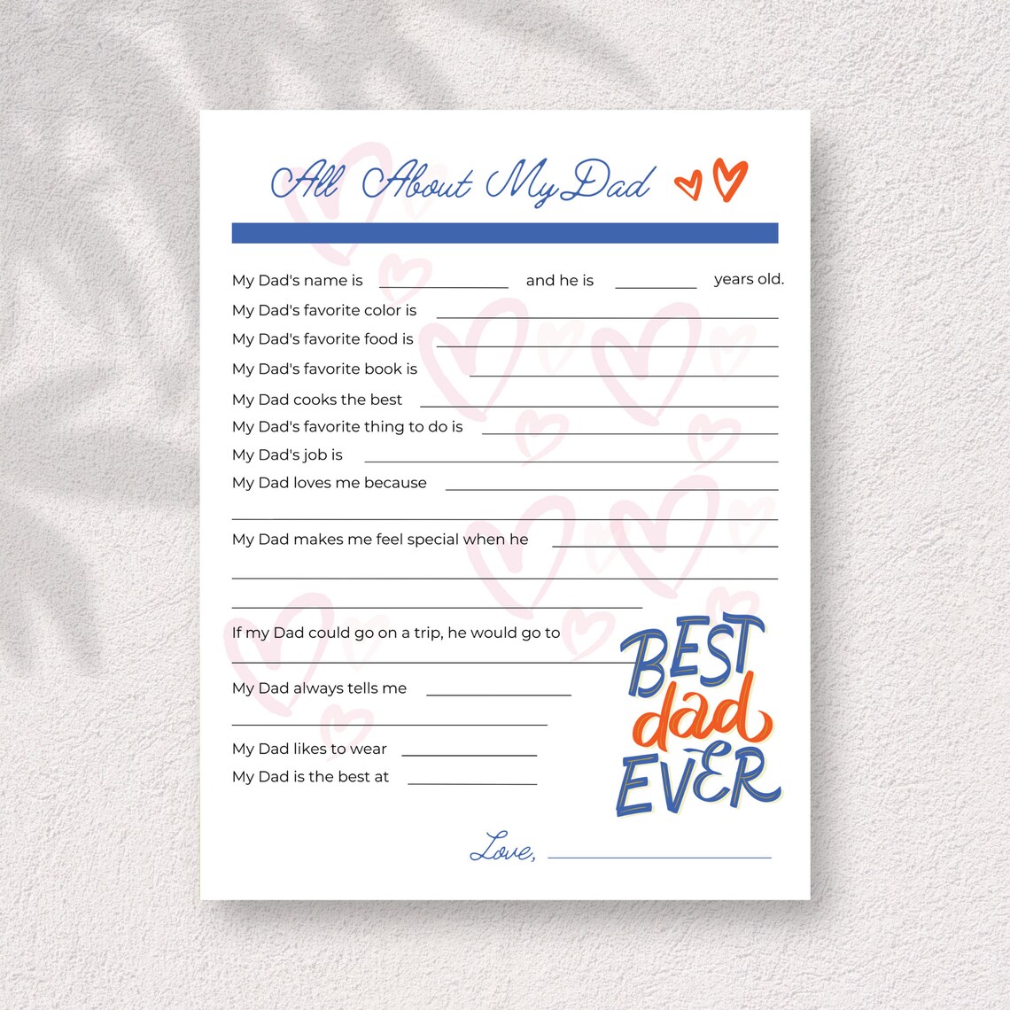 Printable Father's Day Letter "all About My Dad" - Etsy