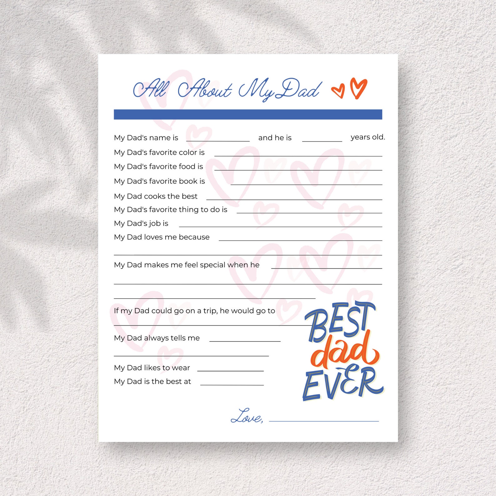 Printable Father's Day Letter "all About My Dad" - Etsy