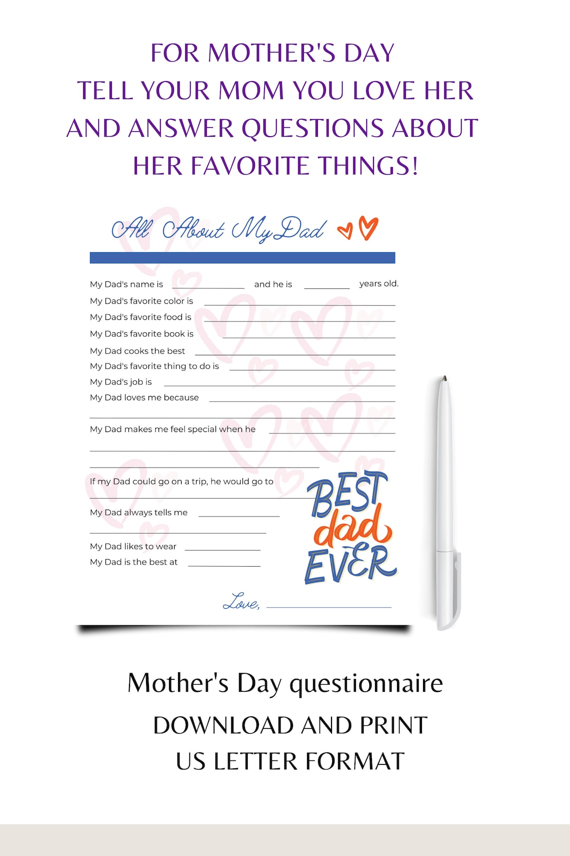 Printable Father's Day Letter all About My Dad - Etsy