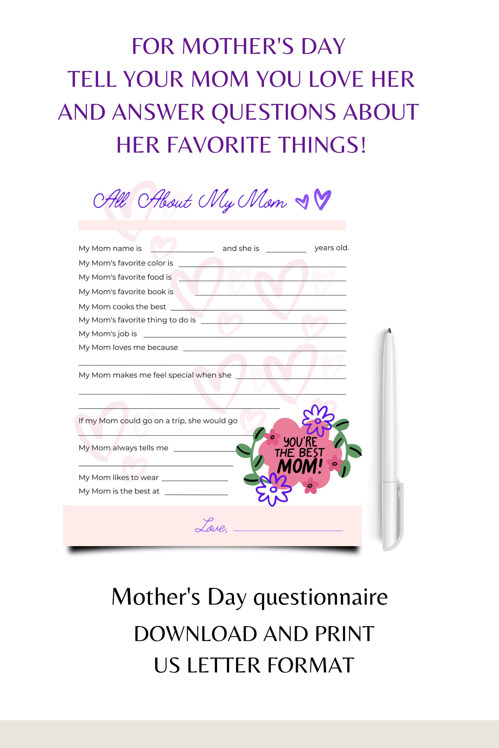 Printable Handwriting Gift Letter for Mom "all About My Mom" - Etsy