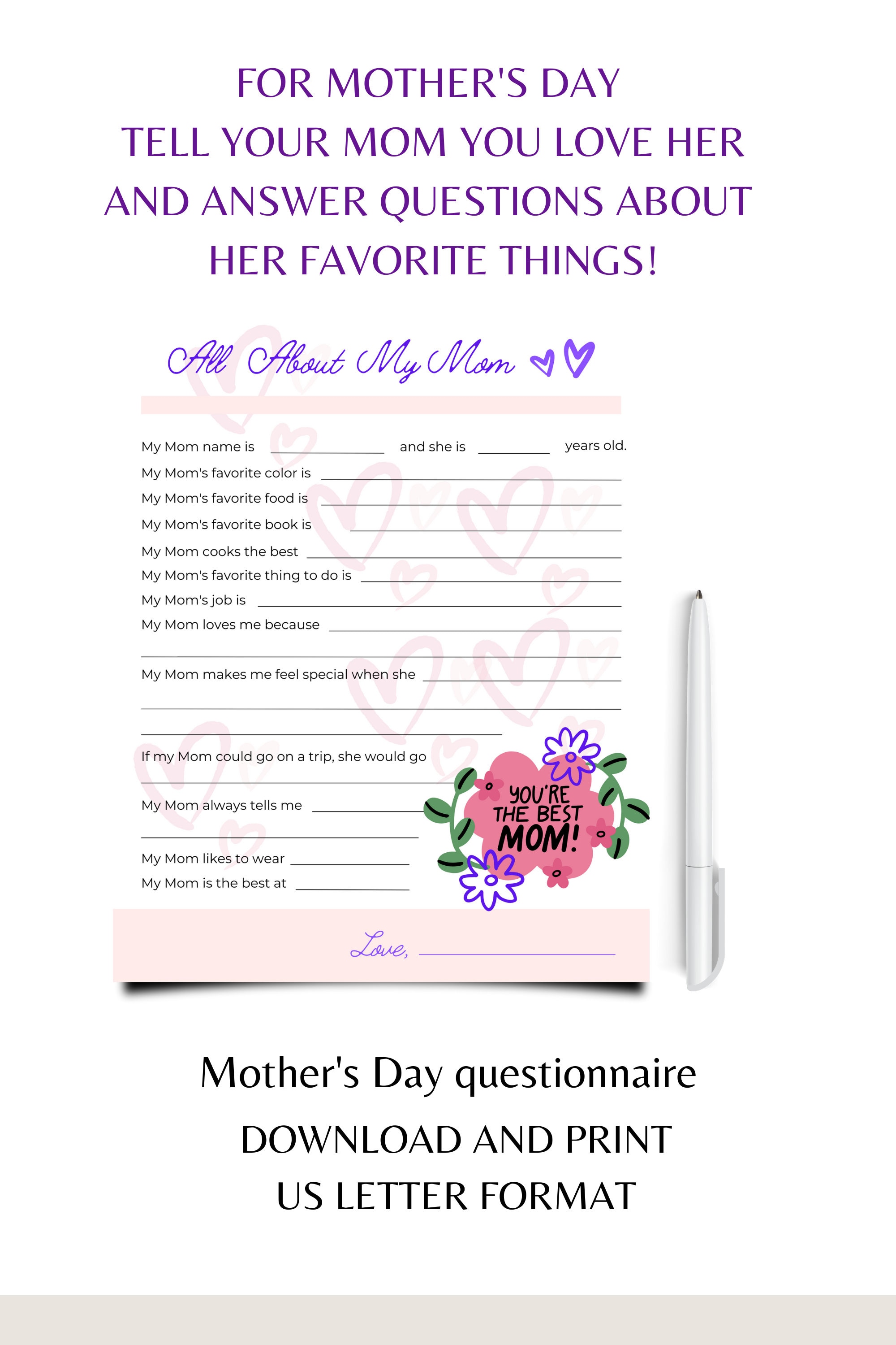 Printable Handwriting Gift Letter for Mom "all About My Mom" - Etsy