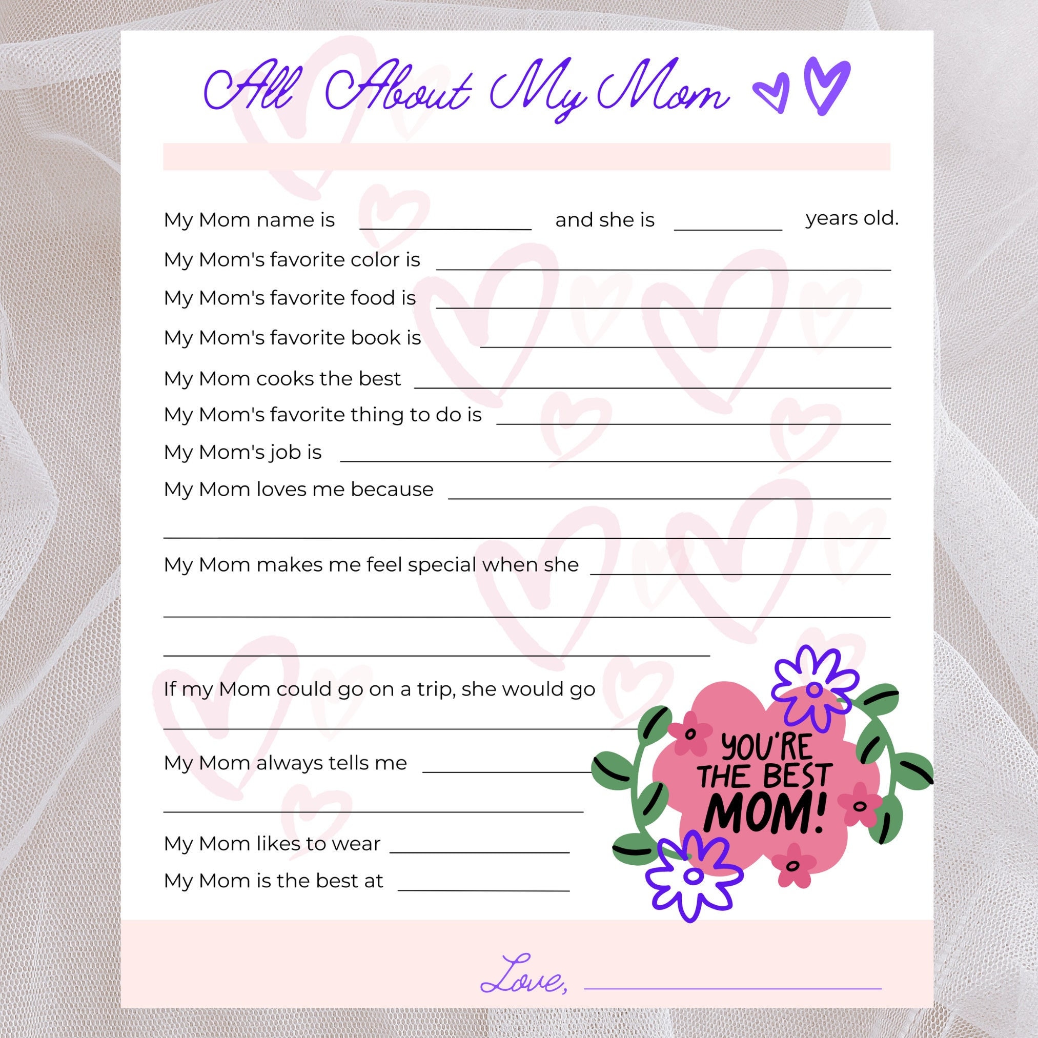 Printable Handwriting Gift Letter for Mom "all About My Mom" - Etsy